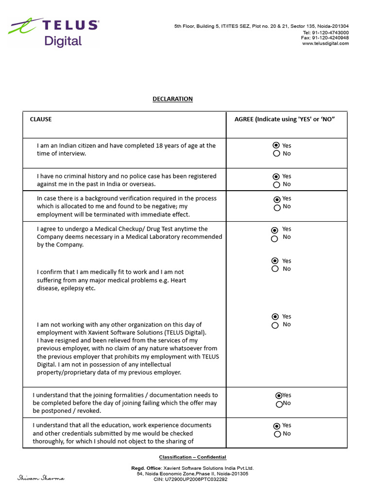 Declaration - Telus Digital Noida 2 | PDF