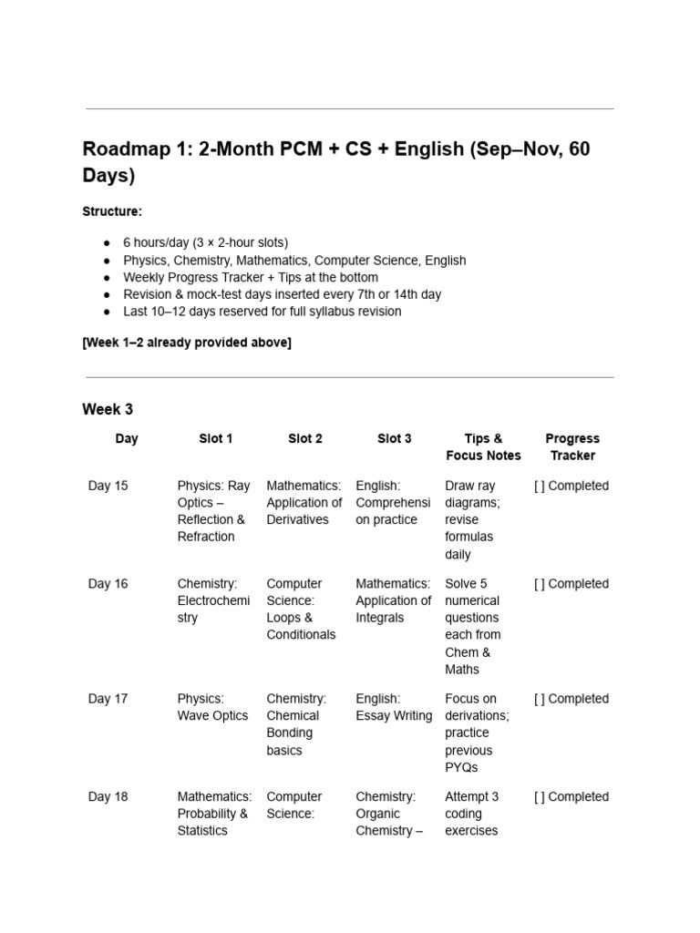 Roadmap 1-2-Month PCM - CS - English (Sep-Nov, 60 Days) | PDF | Physics ...