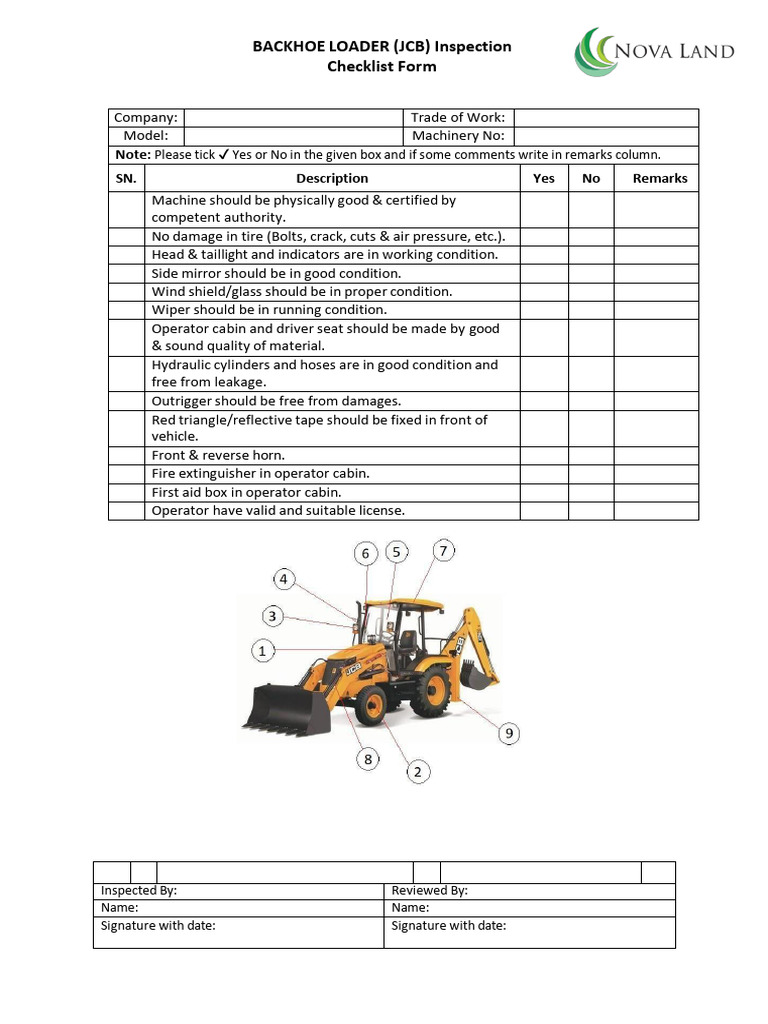JCB Backhoe Loader Inspection Checklist | PDF