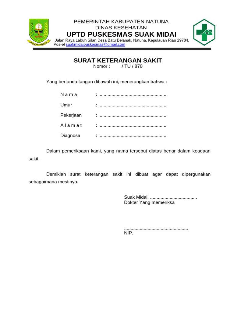 Surat Keterangan Sakit Puskesmas Suak Midai | PDF