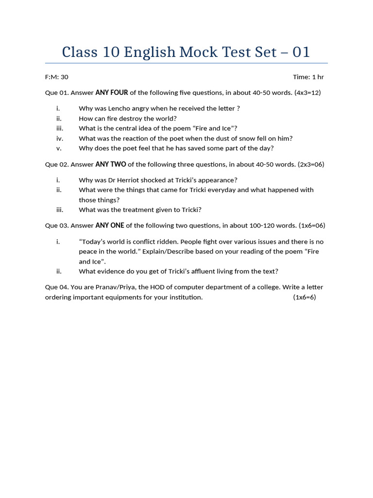 Class 10 English Mock Test Set 01 02-10-23 | PDF