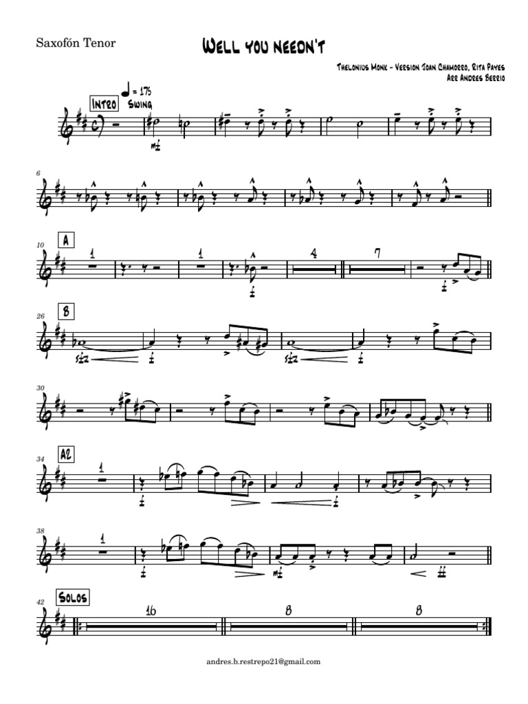 Well You Needn't - Saxofón - Tenor Amsmsmskksks | PDF | Jazz