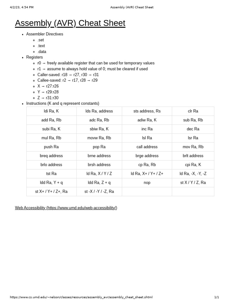 AVR Assembly Instruction Cheat Sheet | PDF