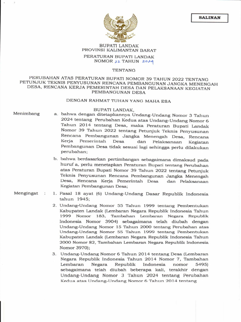 Perbub Nomor 22 Tahun 2024 Tentang Perubahan Atas Perbub Nomor 39 Tahun ...