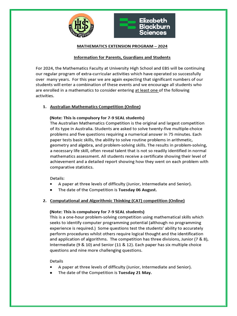 2024 Mathematics Extension Program | PDF | Mathematics