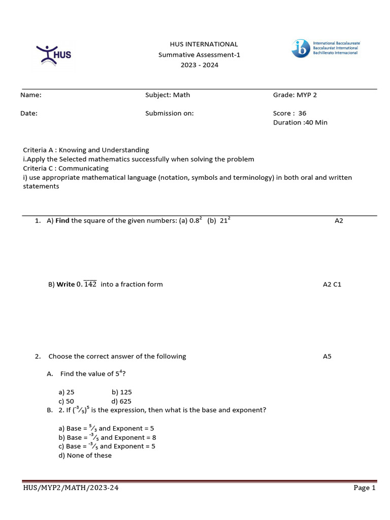MYP 2 A Sa | PDF | Mathematics | Exponentiation