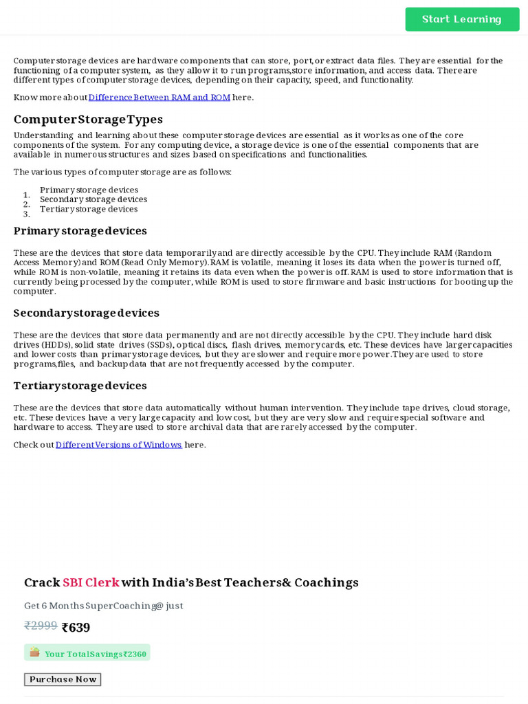 Types of Computer Storage - Definition, Names, and Functions | PDF