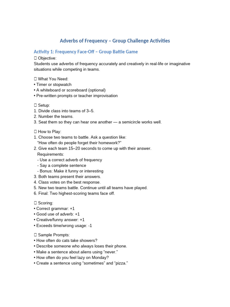 Adverbs of Frequency Challenge Activities | PDF