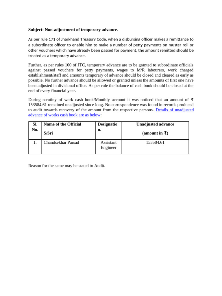 Memo Non-Adjustment of Temporary Advance | PDF