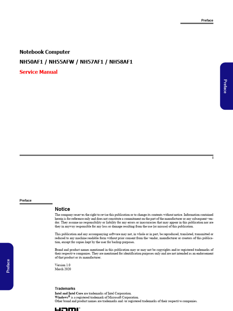 NH50AF1 Series Notebook Service Manual | PDF | Usb | Bios