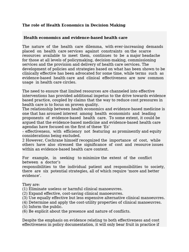 Health Economics in Healthcare Decisions | PDF | Evidence Based ...