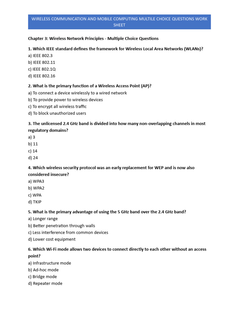 Wireless Network Principles Quiz | PDF | Wireless Lan | Ieee 802.11
