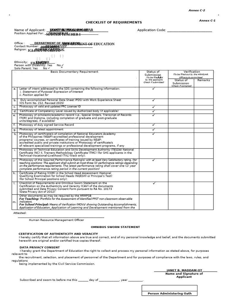 Annex C-2 Requirements Checklist | PDF
