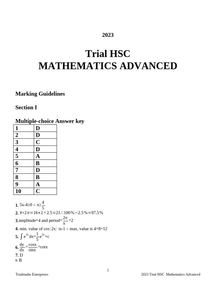 Yr 12 2023 Advanced 2u Ans | PDF | Function (Mathematics ...