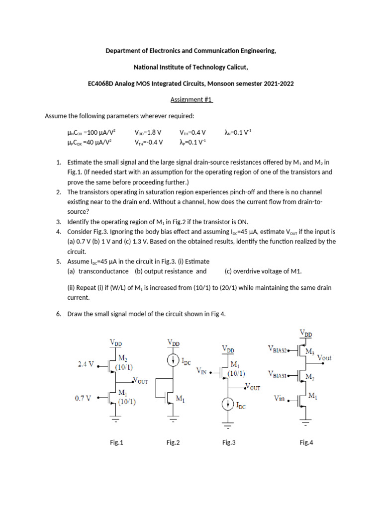 Analog MOS Circuit Analysis Assignment | PDF | Mosfet | Transistor