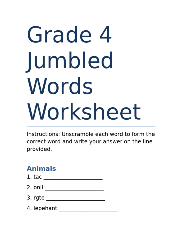 Grade 4 Jumbled Words Worksheet | PDF