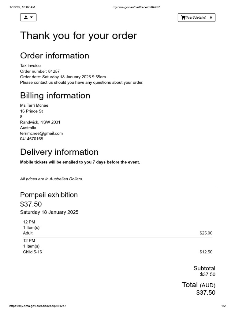My - Nma.gov - Au Cart Receipt 84257 | PDF