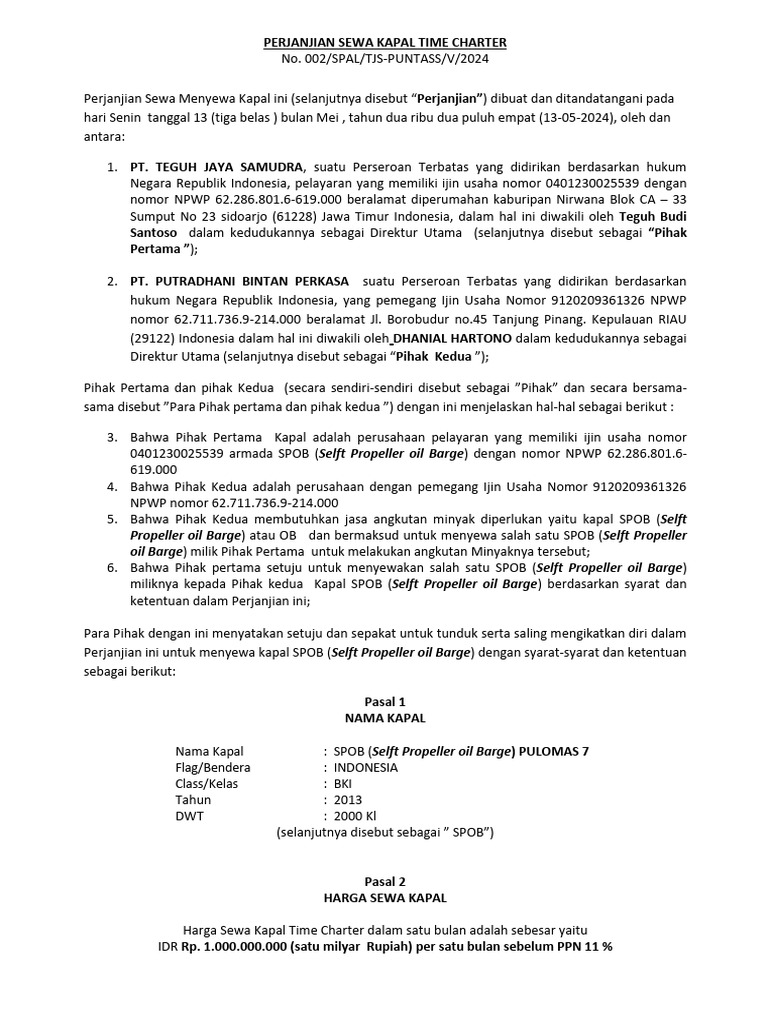 Sewa Kapal SPOB Pulomas 7 2024 | PDF