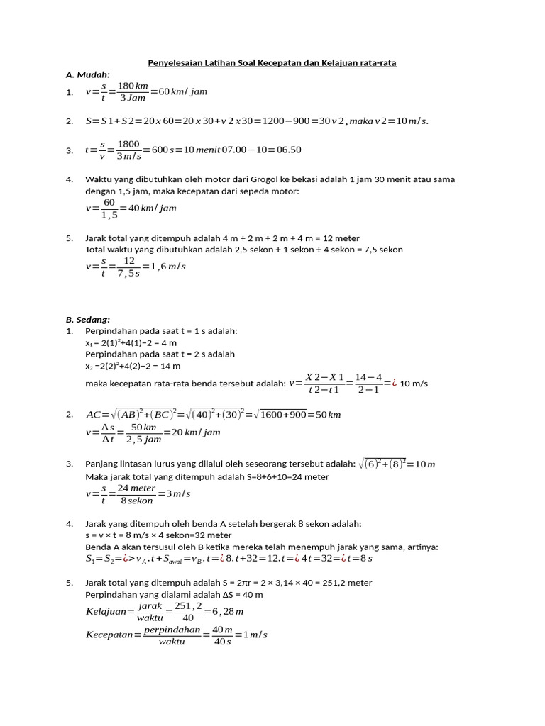 Penyelesaian Latihan Soal Kecepatan Dan Kelajuan Rata-Rata | PDF