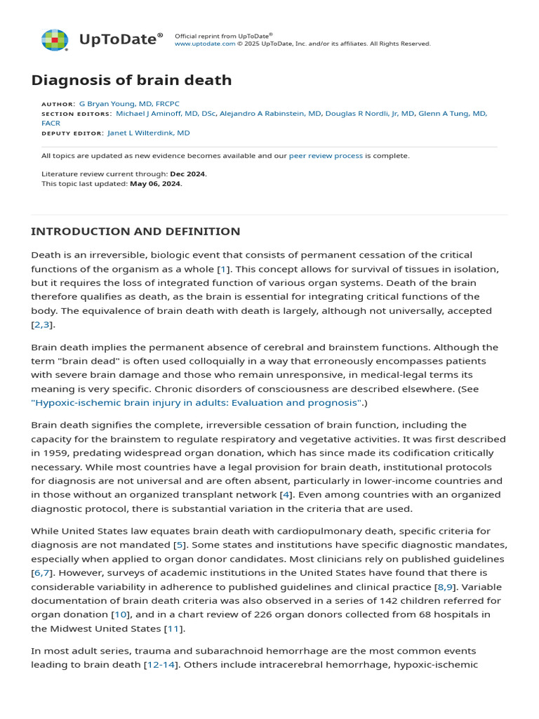 Diagnosis of Brain Death - UpToDate | PDF | Apnea | Anatomical Terms Of ...
