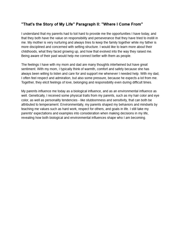 "That's The Story of My Life" Paragraph II - "Where I Come From" | PDF