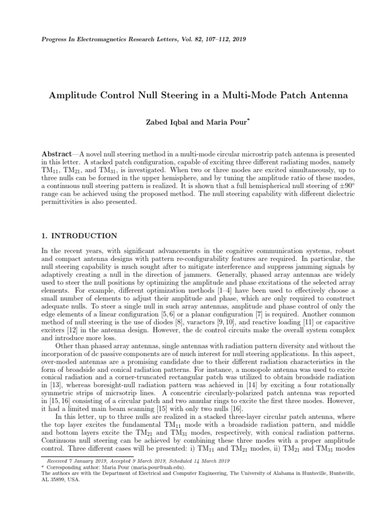 Amplitude Control Null Steering in A Multi-Mode Patch Antenna | PDF ...