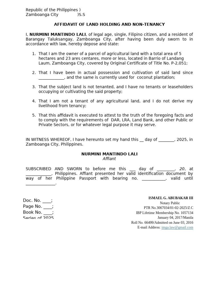 Affidavit of Land Ownership Zamboanga | PDF