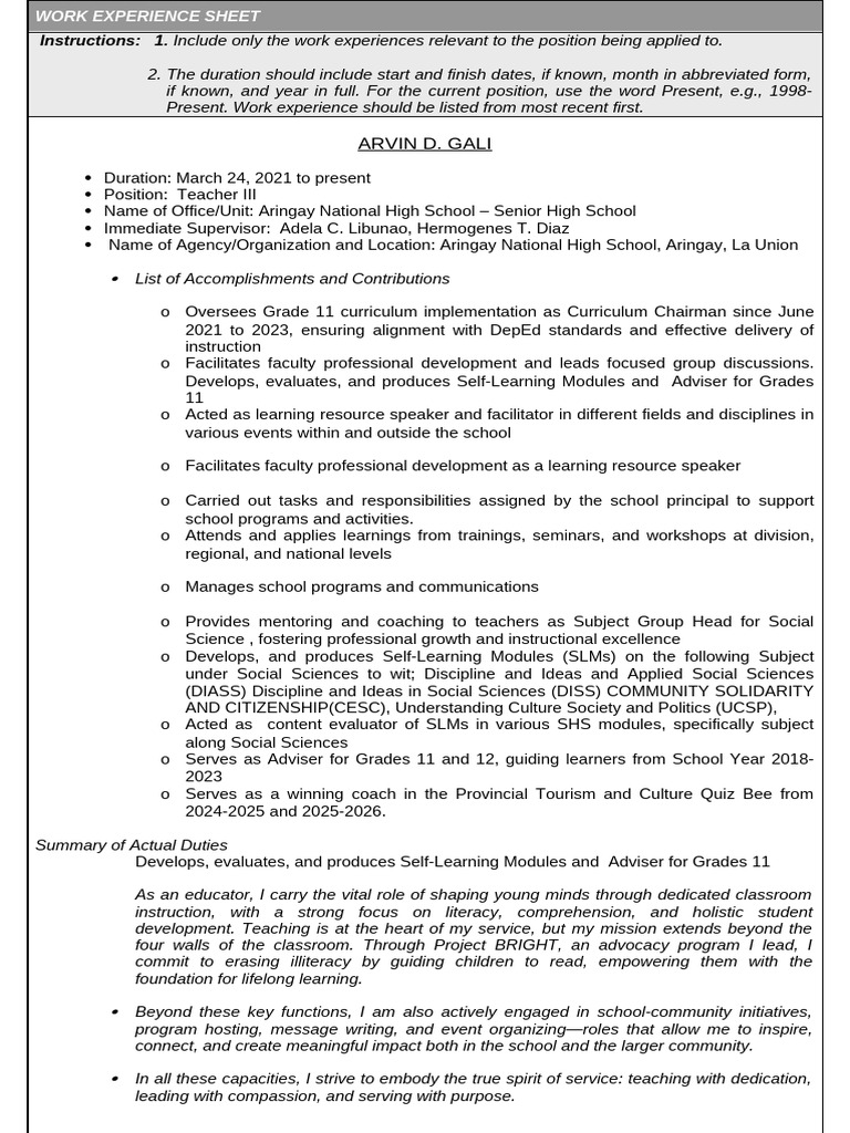 Teacher III Work Experience Summary | PDF | Literacy | Teachers