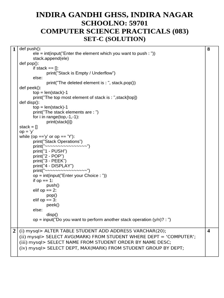 Practical Exam Question Paper Set C (Solution) | PDF