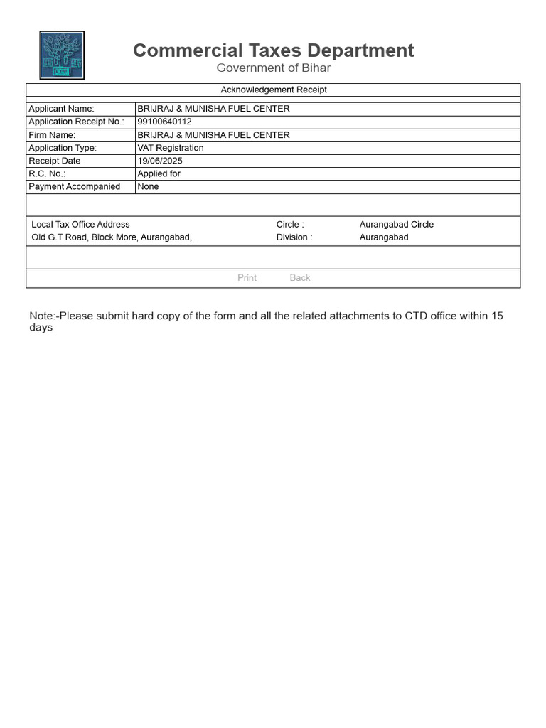 VAT Registration Acknowledgement Receipt | PDF
