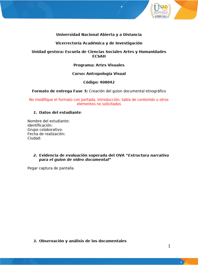 Anexo 3 Creación Del Guion Documental Etnográfico - UNAD | PDF | Etnografía