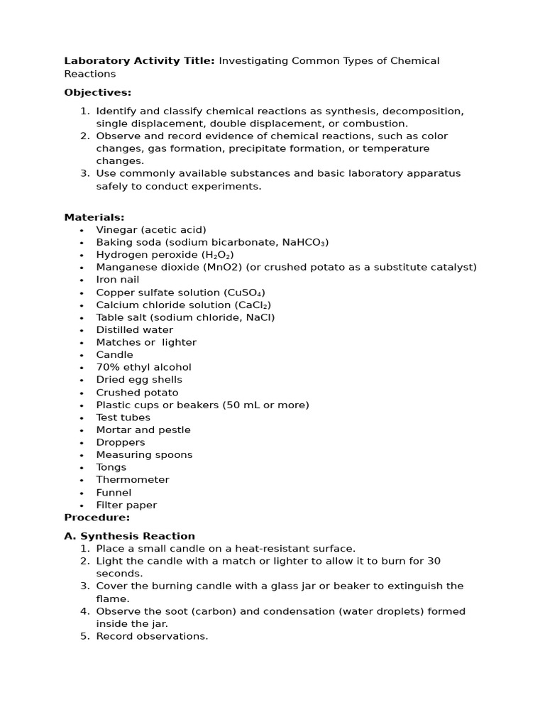 Laboratory Activity - Chemical Reactions | PDF | Sodium Carbonate ...
