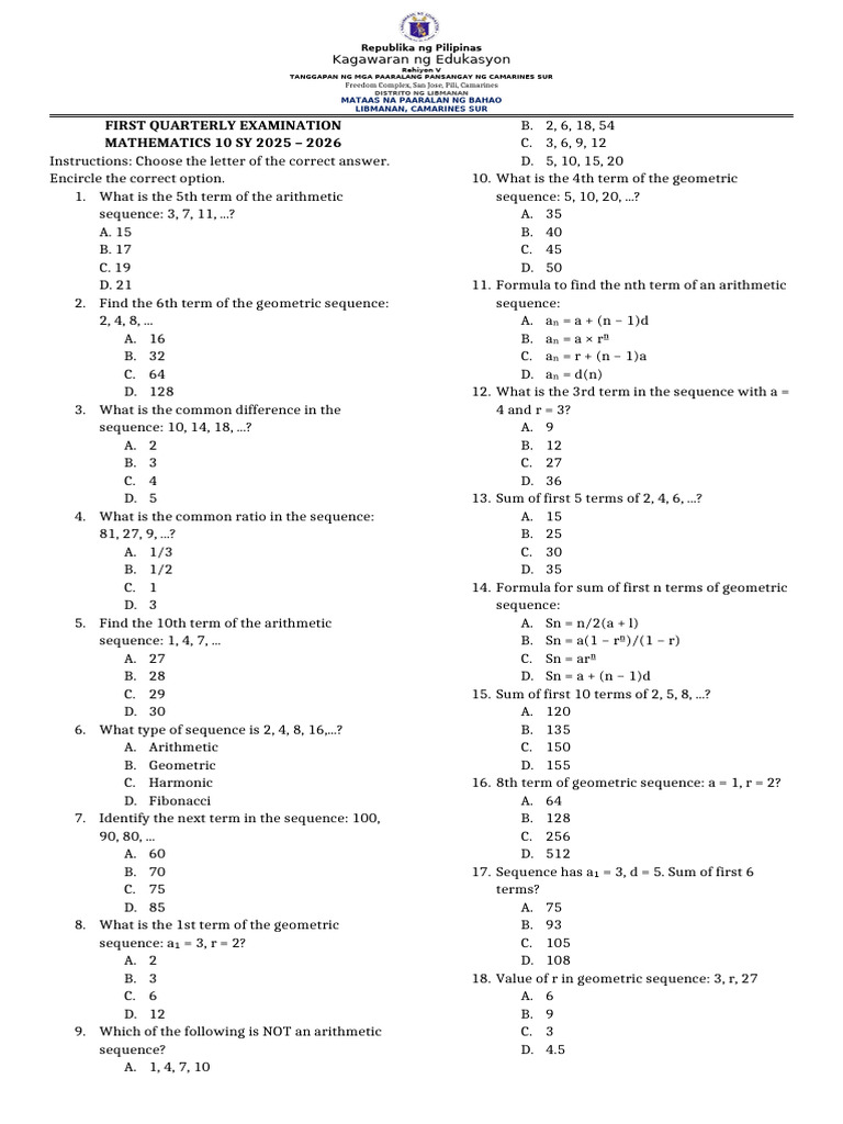 Math 10 Quarterly Exam Questions | PDF | Discrete Mathematics | Arithmetic