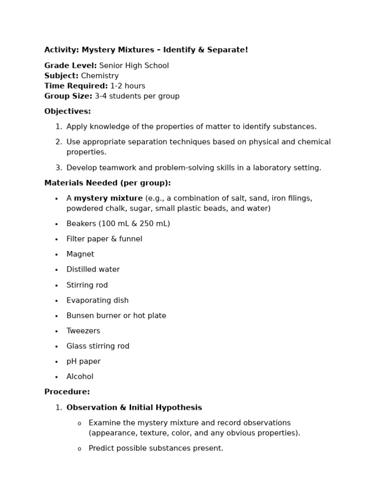 Mystery Mixtures - Identify and Separate | PDF | Solubility | Filtration