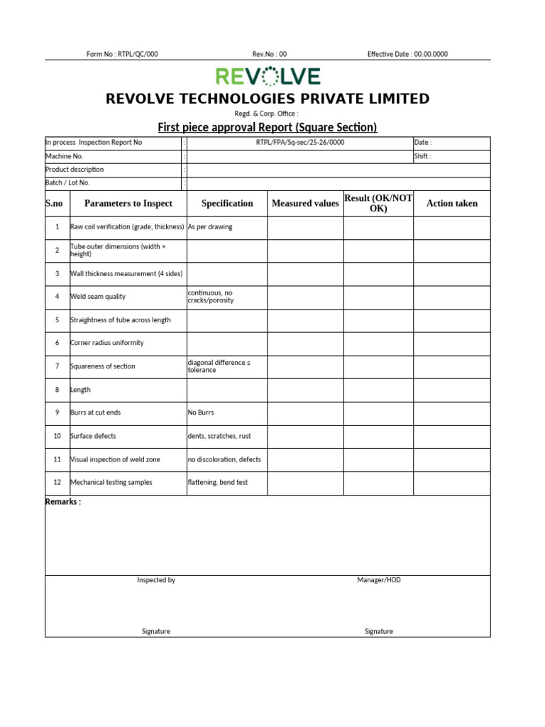 First Piece Approval Report for Square Sections | PDF