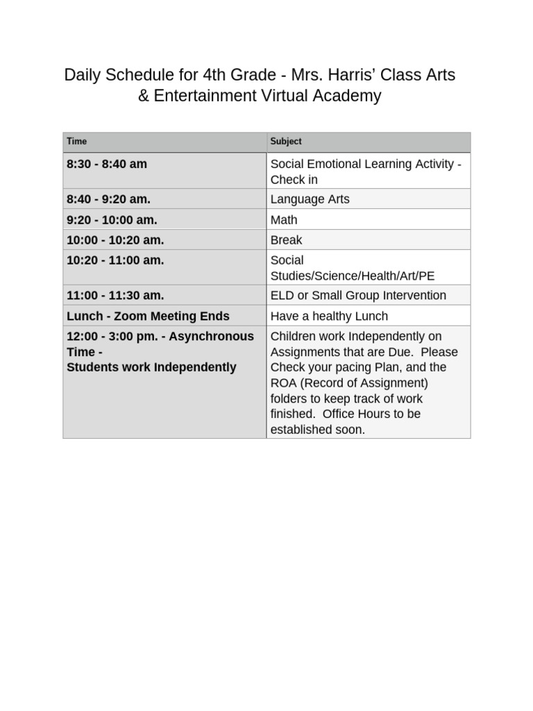 4th Grade Daily Schedule Overview | PDF