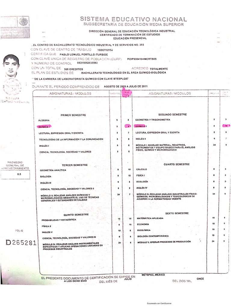 Calificación Bachillerato Pablo Lemuel Portillo | PDF