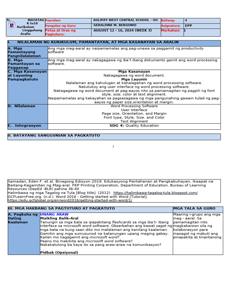 DLL Matatag - Epp 4 q1 w3 | PDF