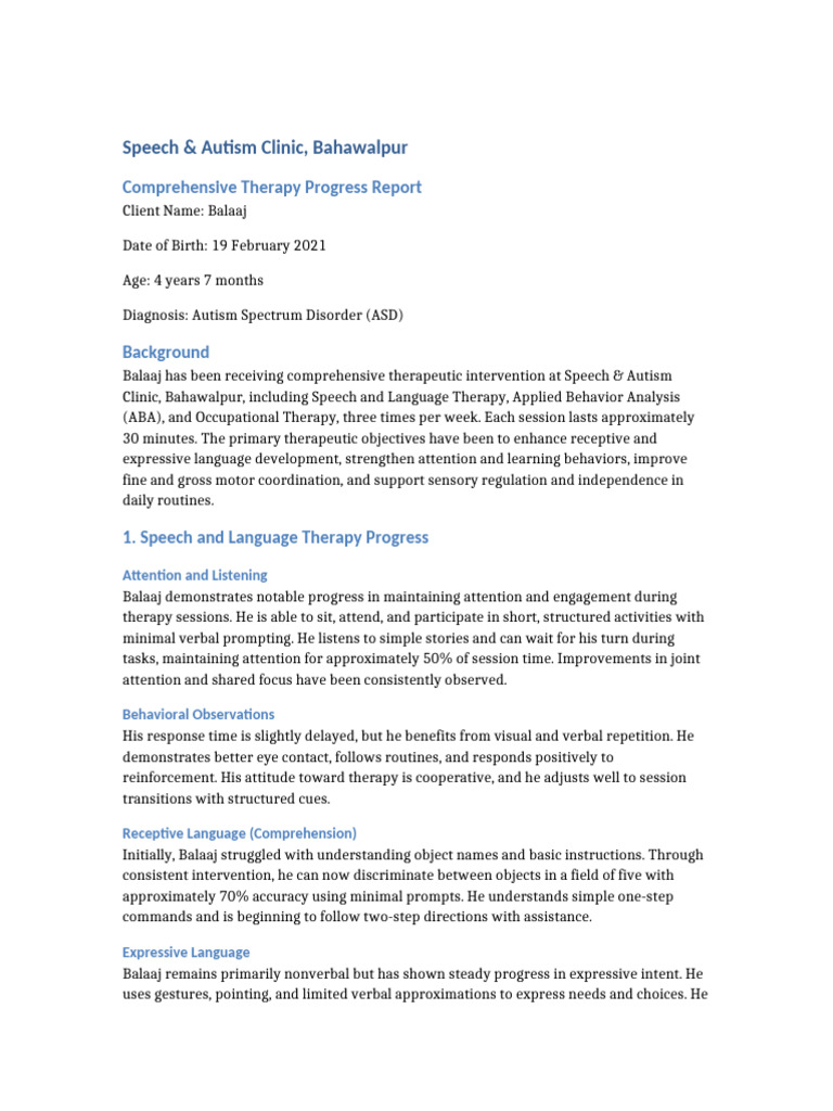 Balaaj's Autism Therapy Progress Report | PDF | Autism | Imitation
