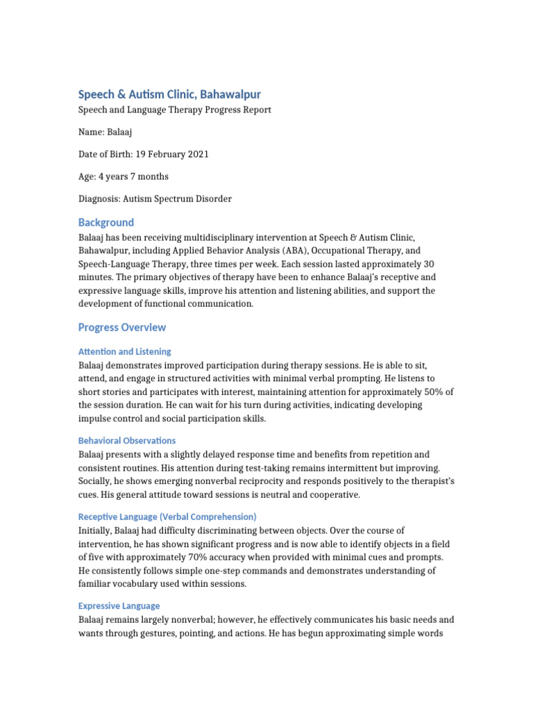 Balaaj's Speech Therapy Progress Report | PDF | Autism | Speech