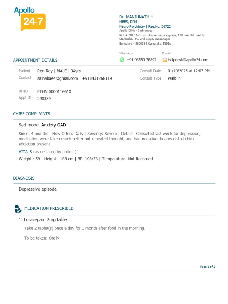 Apollo Prescription 01102025pdf | PDF | Emotions | Human Diseases And ...