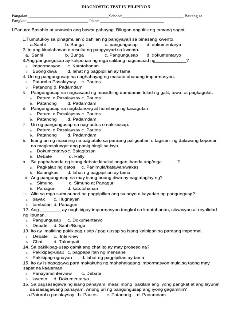 Diagnostic Test in Filipino 5 Compress | PDF