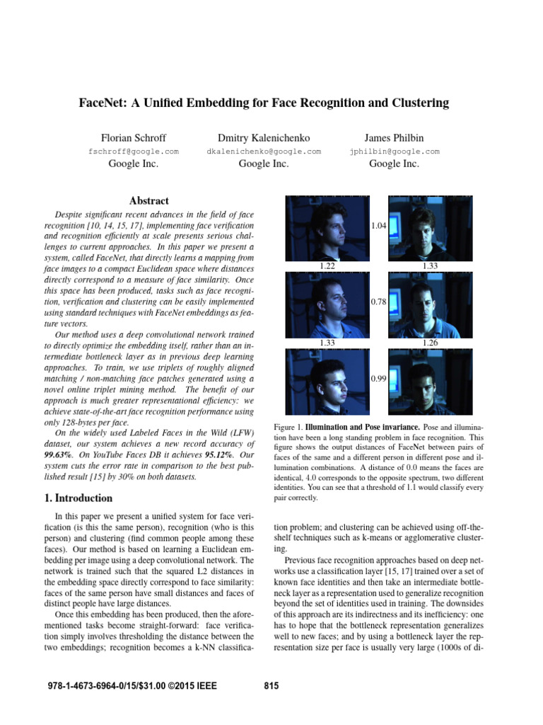 Facenet A Unified Embedding For Face Recognition And Clustering Pdf