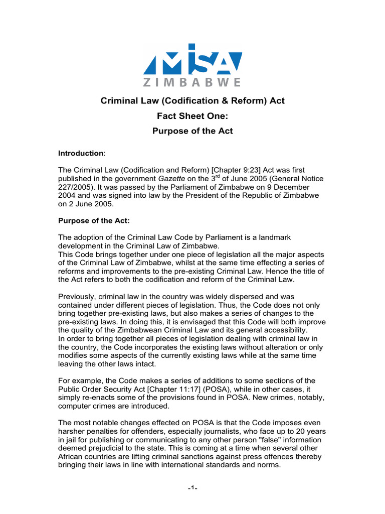 MISA Zimbabwe Criminal Law Codification and Reform Act Fact Sheet One ...