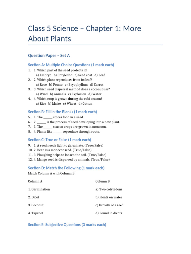 Class 5 Science: Plant Question Paper | PDF | Seed | Germination