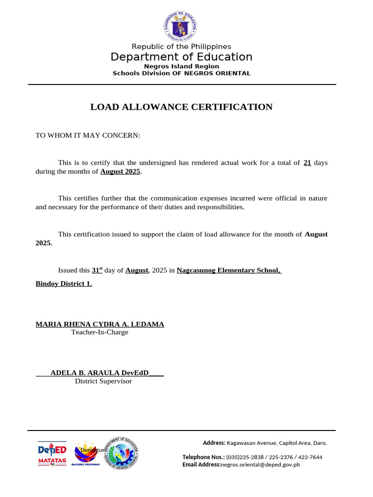 Load Allowance Certification 2025 | PDF | Philippines