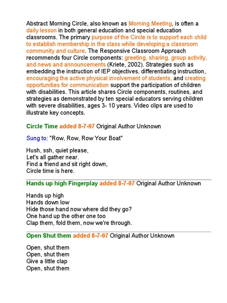 Abstract Morning Circle Activities | PDF | Weather | Teaching And Learning