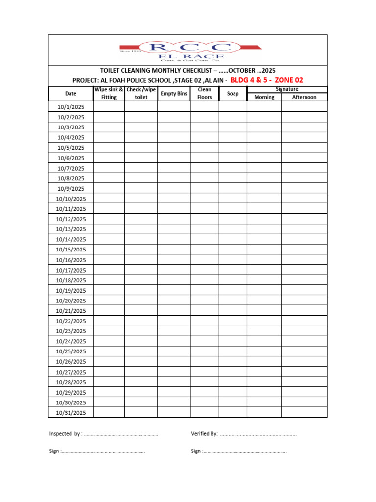 October 2025 Toilet Cleaning Checklist | PDF