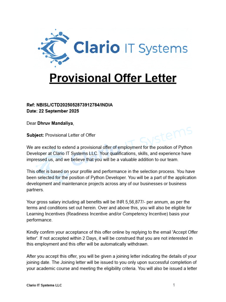 Dhruv Mandaliya Provisional Offer Letter | PDF | Performance Appraisal