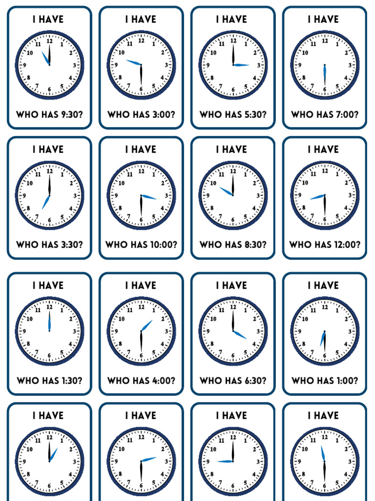 Blue Simple I Have Who Has Clock Game Flashcards | PDF